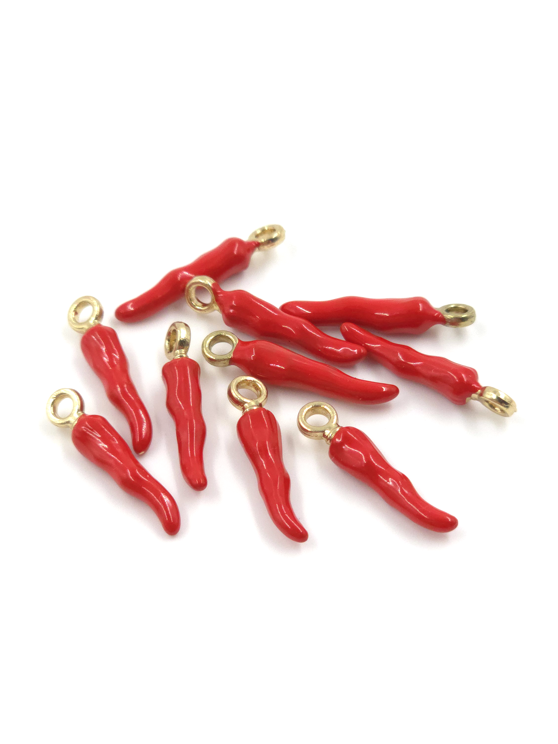 4 x Enamelled Red Chilli Pepper Charms with Gold Loops, 21x4mm (0072G)
